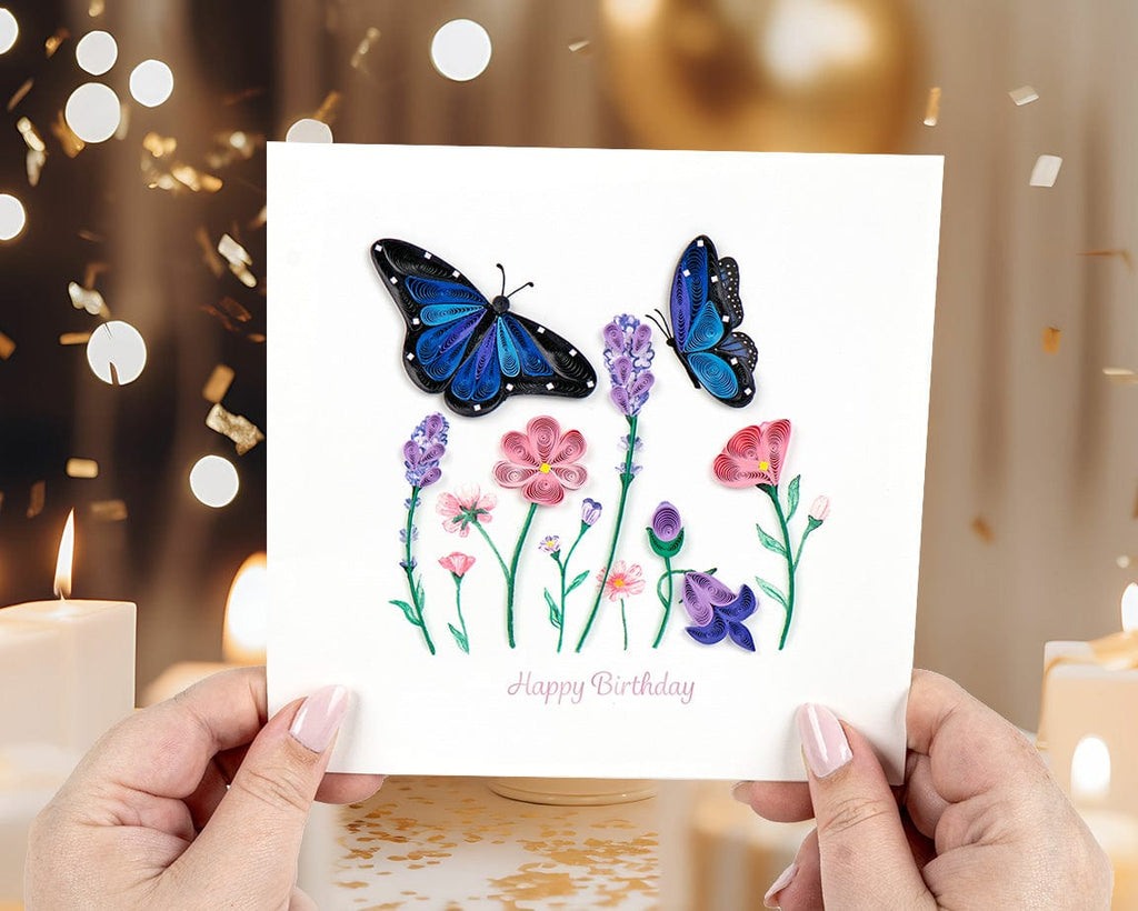 Handcrafted Birthday Flowers & Blue Butterflies Greeting Card ...