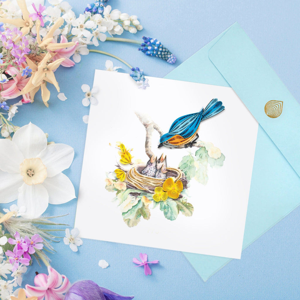 Handcrafted Bluebird & Babies Greeting Card | Quilling Card¨