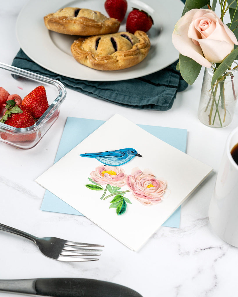 Handcrafted Bluebird & Peonies Greeting Card | Quilling Card