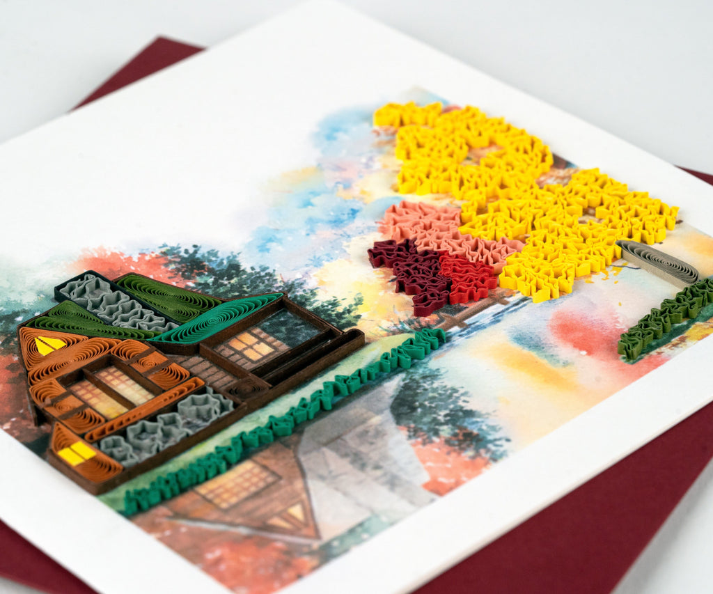 Handcrafted Cozy Autumn Cabin Greeting Card | Quilling Card