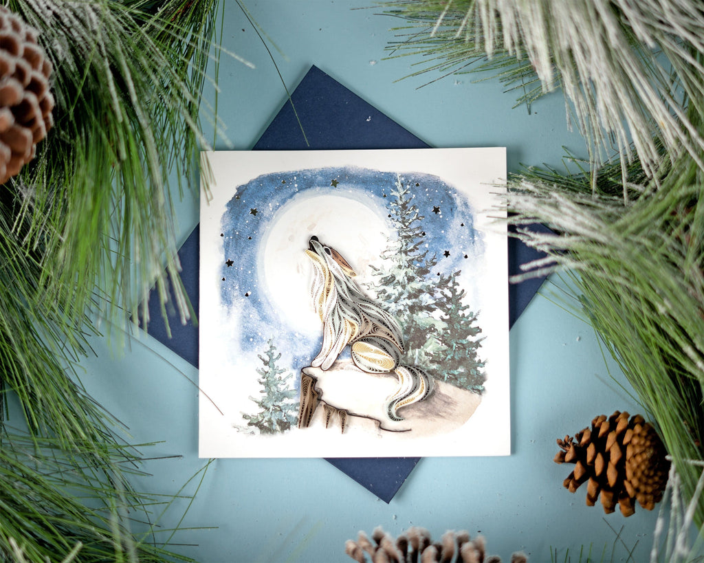 Handcrafted Howling Wolf Greeting Card | Quilling Card
