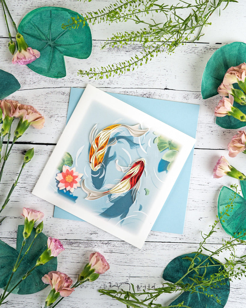 Handcrafted Koi Fish Pond Greeting Card | Quilling Card