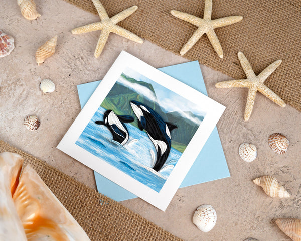 Handcrafted Orca Whales Greeting Card | Quilling Card