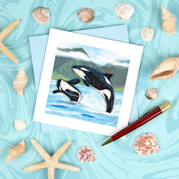Handcrafted Orca Whales Greeting Card | Quilling Card