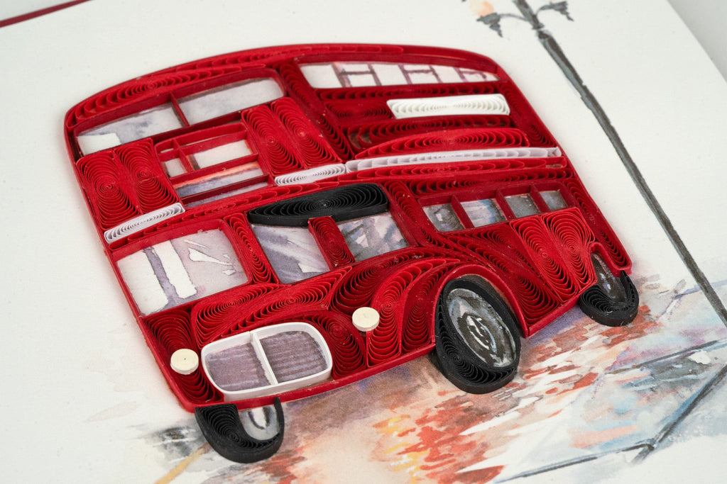 Handcrafted Red Double-decker Bus Greeting Card | Quilling Card