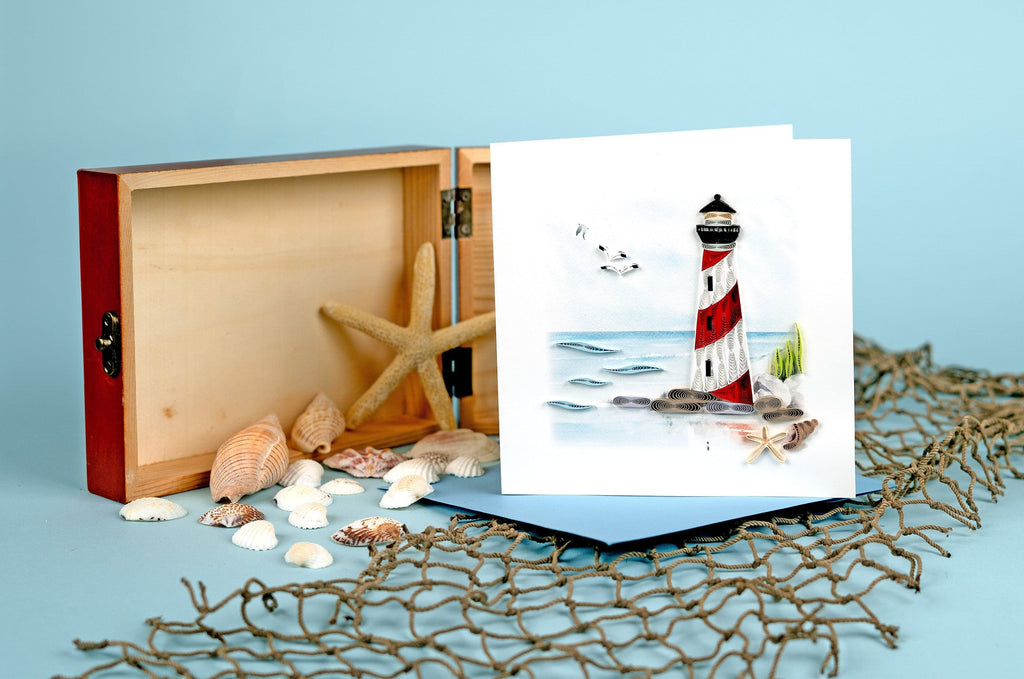 Handcrafted Red & White Lighthouse Greeting Card | Quilling Card¨