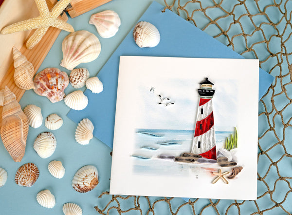 Handcrafted Red & White Lighthouse Greeting Card | Quilling Card¨