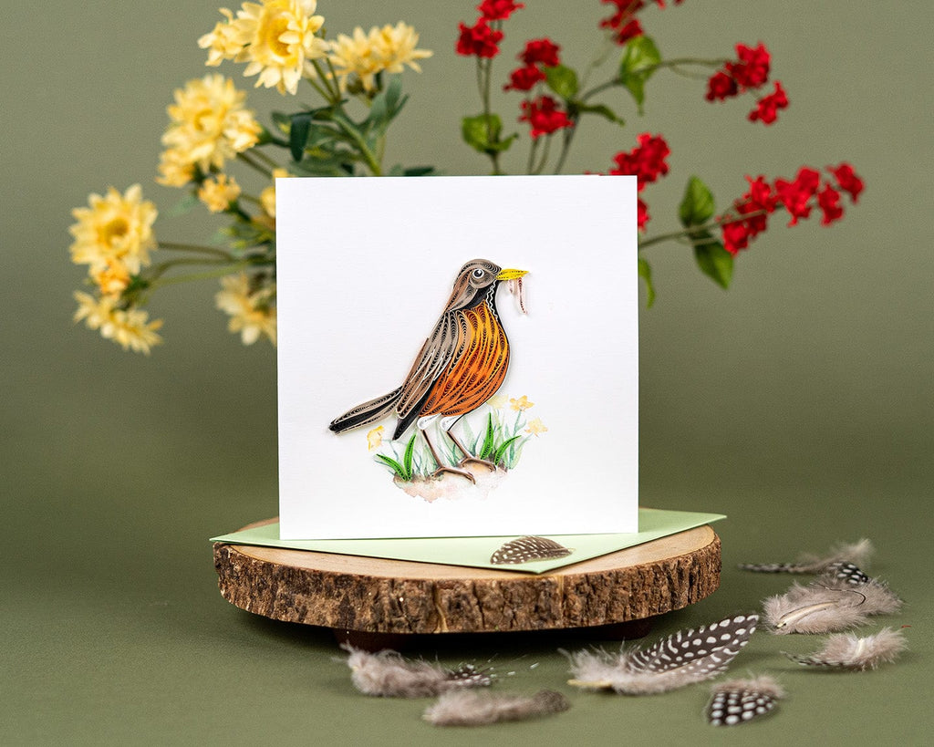 Handcrafted Robin with Worm Greeting Card | Quilling Card¨