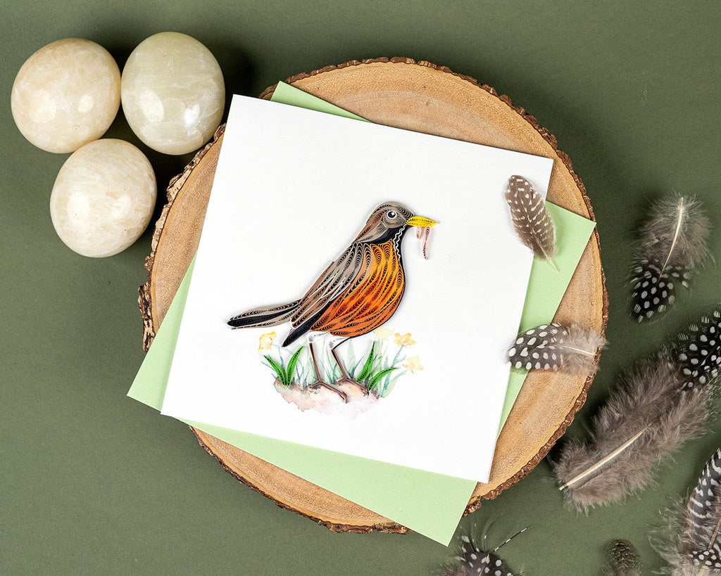 Handcrafted Robin with Worm Greeting Card | Quilling Card¨